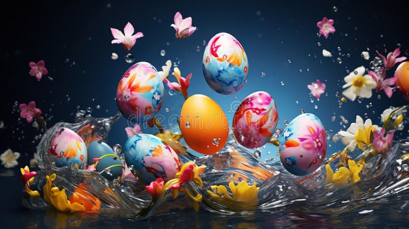 Easter Eggs Brightly Decorated Flying with Water Splashes and Flowers ...