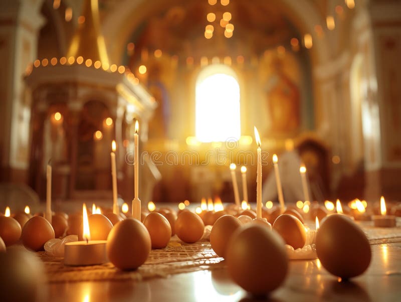 Easter Eggs and Burning Candles in the Solemn Atmosphere of the Church ...