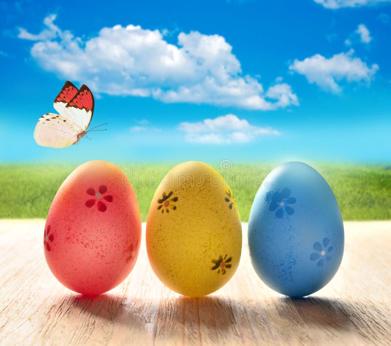 Easter eggs and butterfly stock image. Image of cloud - 67870051