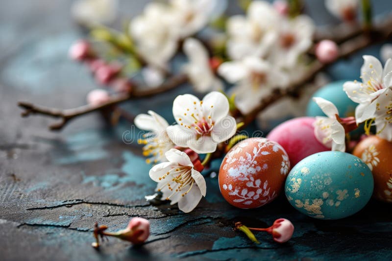 Easter Eggs with Cherry Blossom Branch on Table, Closeup. Happy Easter ...