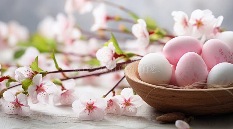 Easter Eggs with Cherry Blossom Branch on Table. Happy Easter Stock ...