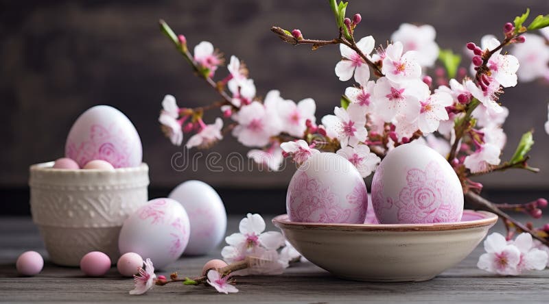 Easter Eggs with Cherry Blossom Branch on Table. Happy Easter Stock ...