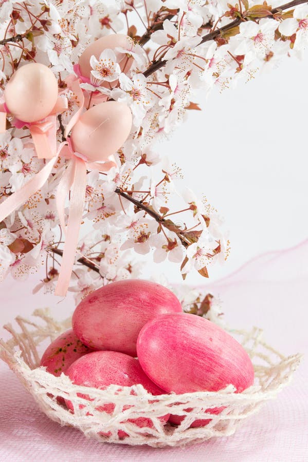 Easter Eggs and Cherry Blossom Flowers Stock Image - Image of basket ...