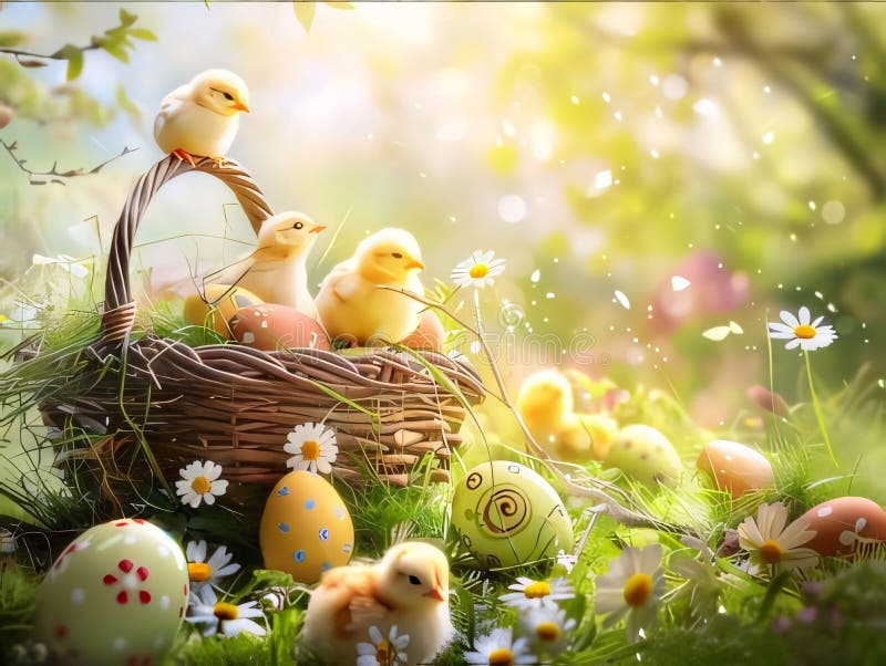 Easter Eggs and Chicks in Basket on Green Grass with Daisies Stock ...