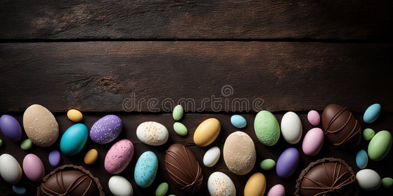 Easter Eggs and Chocolate Sweets on Dark Wood Background Banner or ...