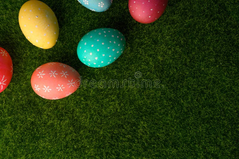 Easter Eggs Colored on Green Grass. Congratulations on Easter Stock ...