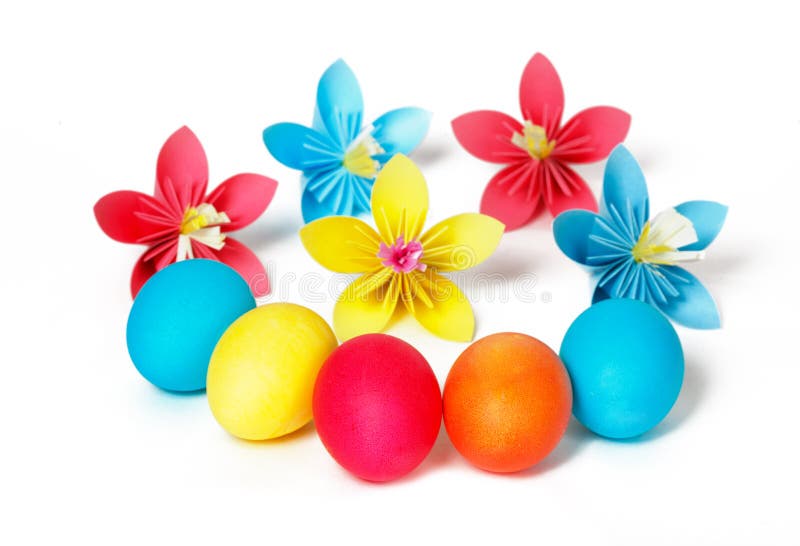 Easter Eggs and Colored Paper Flowers Stock Image - Image of fragility ...