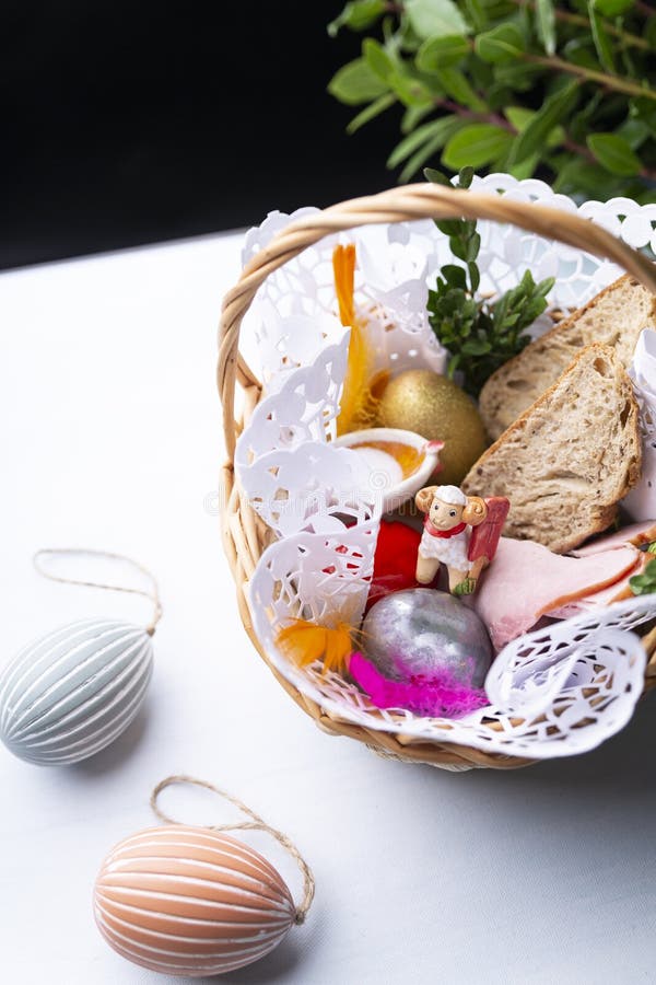 Easter Eggs, Colorful Easter Decorations in a Basket. Stock Photo ...