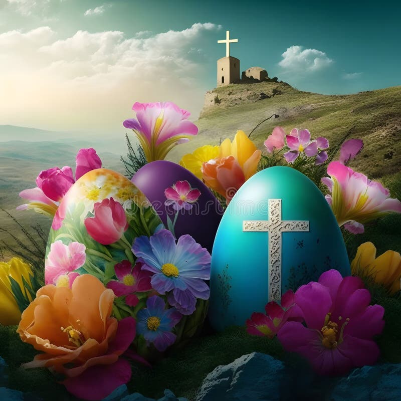 Easter Eggs with Cross and Hillside Stock Illustration - Illustration ...
