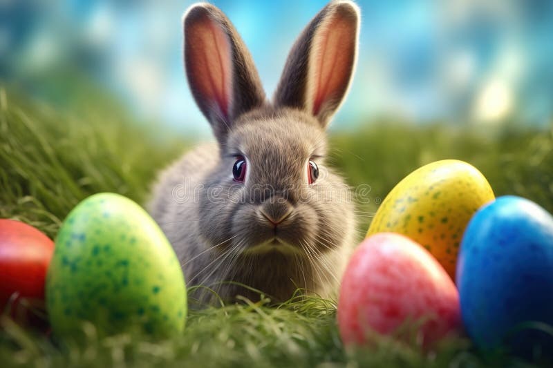 Easter Eggs and Cute Bunny in the Grass. Egg Hunt. Easter Celebration ...