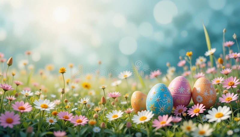 Easter Eggs on Cute Meadow Field with Blured Bokeh Background for Text ...
