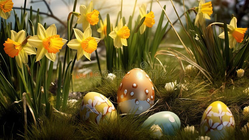 Easter Eggs and Daffodil Flower on Meadow. Easter Eggs Stock Photo ...