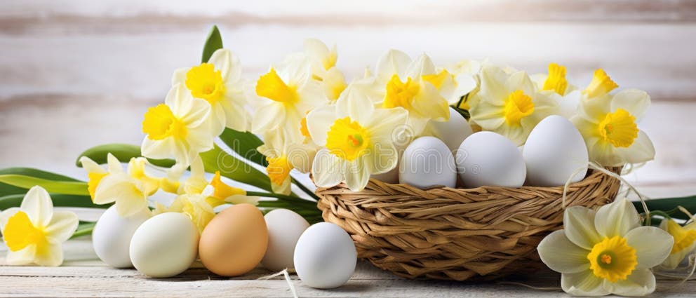 White and Yellow Easter Eggs Nestle among Daffodils in a Quaint Basket ...