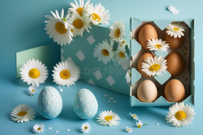 Easter with Eggs and Daisies on a Blue Background. Stock Illustration ...