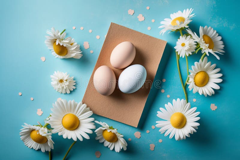 Easter with Eggs and Daisies on a Blue Background. Stock Illustration ...