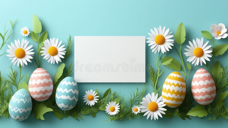 Easter Eggs and Daisies on Turquoise Background with Blank Card Happy ...