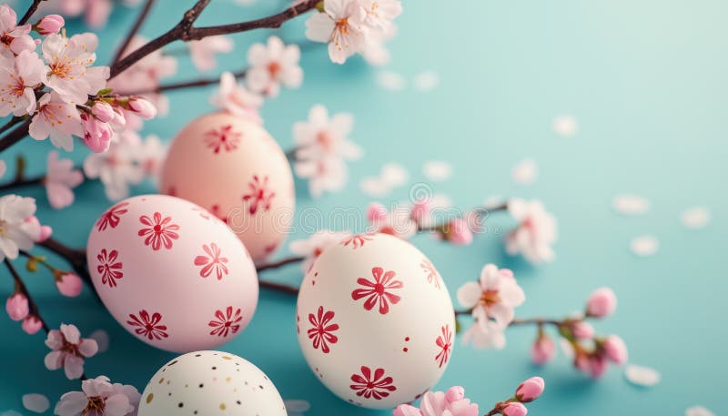 Easter Eggs Decorated with Cherry Blossom Branches Hovering in Blue Sky ...