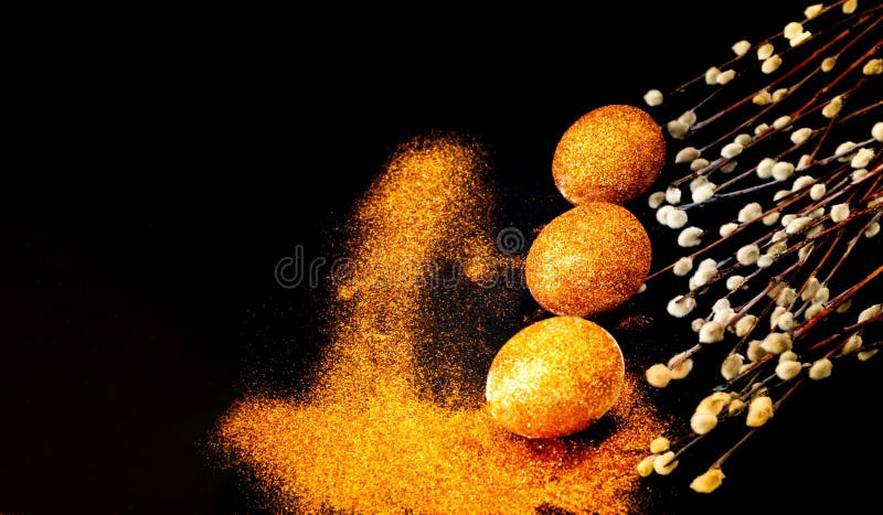 Easter Eggs Decorated with Golden Spangles on Black Background. Festive ...