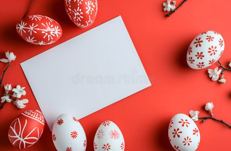 Easter Eggs Festive Red Background with White Card Stock Illustration ...