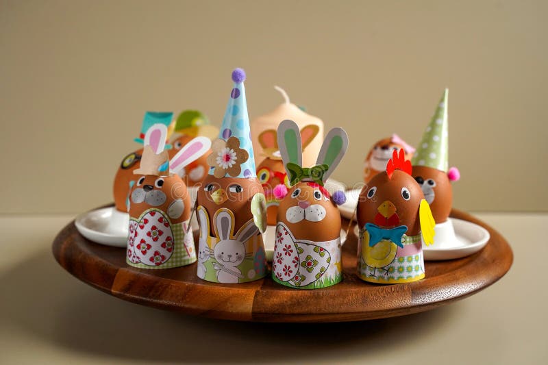 Easter Eggs Figurines on the Plate DIY. Easter Concept. Stock Photo ...