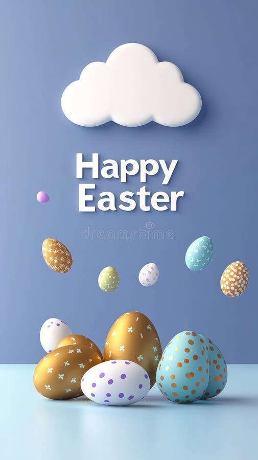 Easter Eggs Float Against Pastel Blue Background with White Cloud and ...