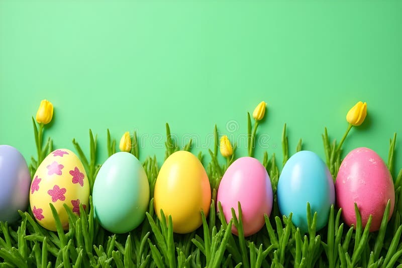 Easter Eggs and Flowers on Green Grass Stock Illustration ...