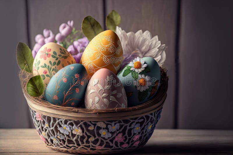 Easter Eggs with Flowers in Wicker Basket. Happy Easter. Generative AI ...