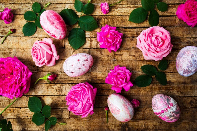 Easter Eggs with Fresh Roses Stock Photo - Image of rose, table: 130178978