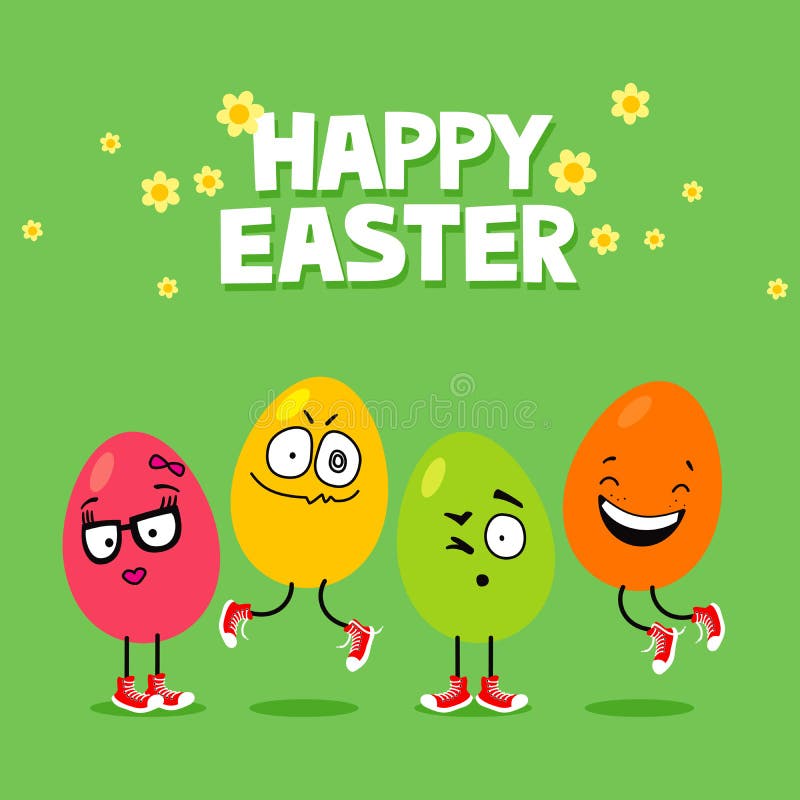 Easter Eggs with Funny Face Expressions Jumping. Cartoon Greeting Card ...
