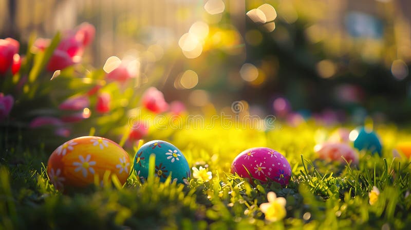 Easter Eggs on the Grass with the Sun Behind Them Stock Image - Image ...