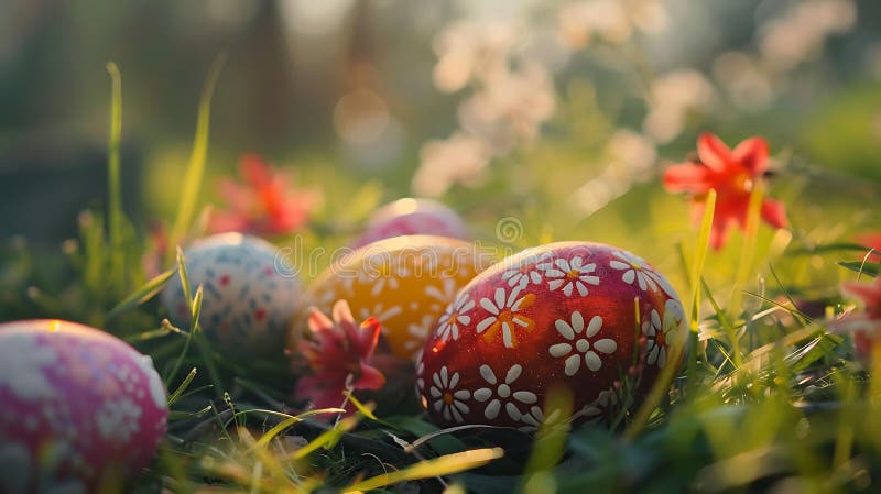 Easter Eggs on the Grass with the Sun Behind Them Stock Photo - Image ...