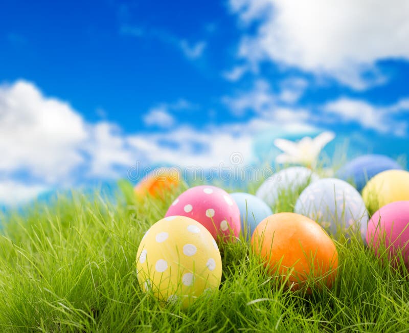 Row of Easter Eggs in Grass Stock Photo - Image of painted, blue: 50756450