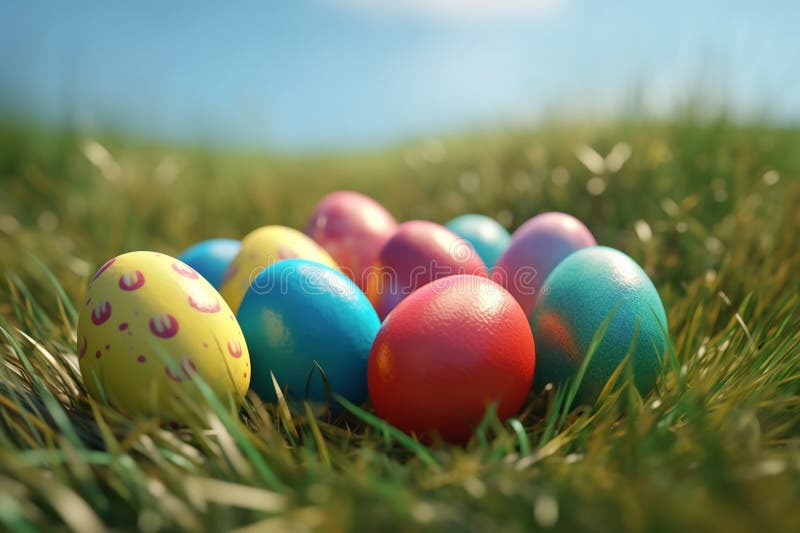 Easter Eggs on a Grass in Front of a Field Stock Illustration ...