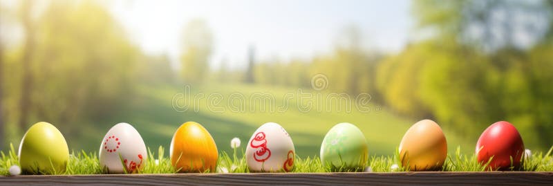 Easter Eggs, Green Meadow on Blurred Background. Wide Format Banner ...