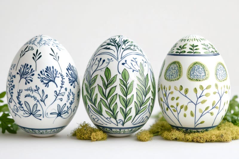 Easter Eggs with Hand-painted Botanical Decoration Standing on Moss ...