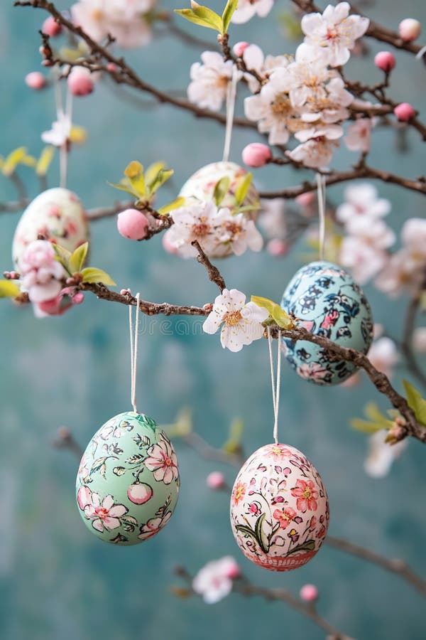 Easter Eggs Hanging from Blossoming Branches Stock Illustration ...