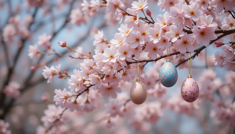 Easter Eggs Hanging on Cherry Blossom Branch in Springtime Stock ...