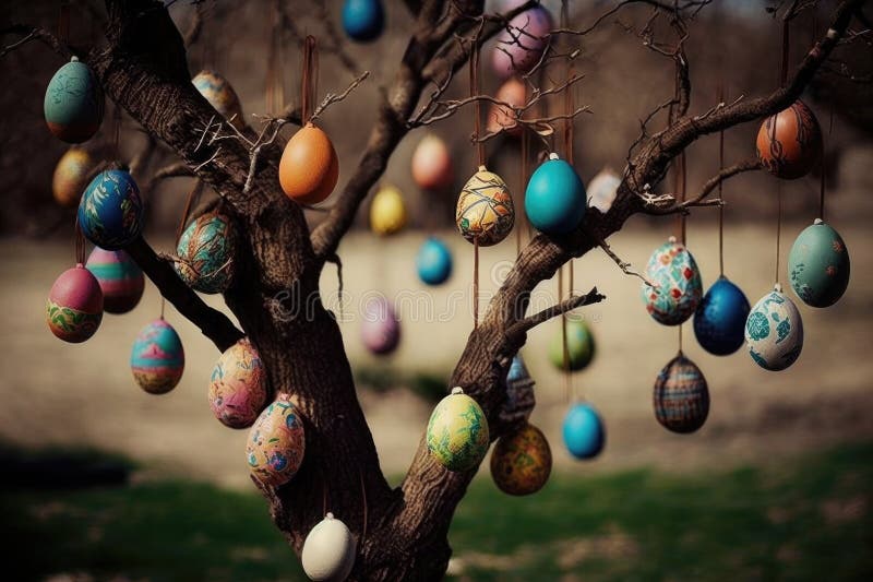 Easter Eggs Hanging on a Tree, Template for Easter Greeting Card ...