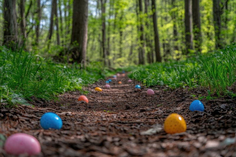 Easter Eggs Hunt Leading into the Woods on a Trail Stock Illustration - Illustration of ...