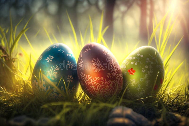Easter Eggs Lit by the Sun on Green Grass Stock Illustration ...