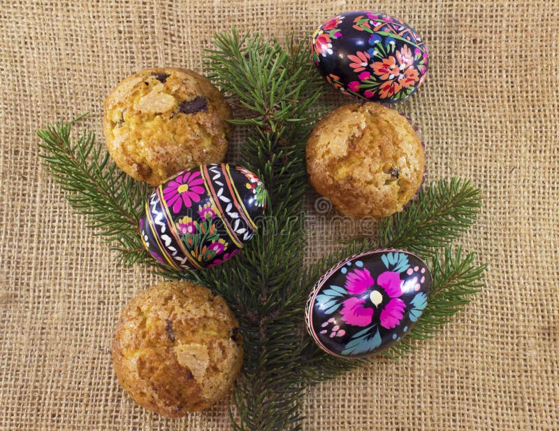 Easter Eggs with Muffins and Tree Branch Stock Image - Image of front ...