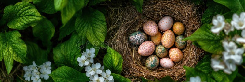 Easter Eggs in Nest Amidst Green Foliage and White Flowers for Spring ...