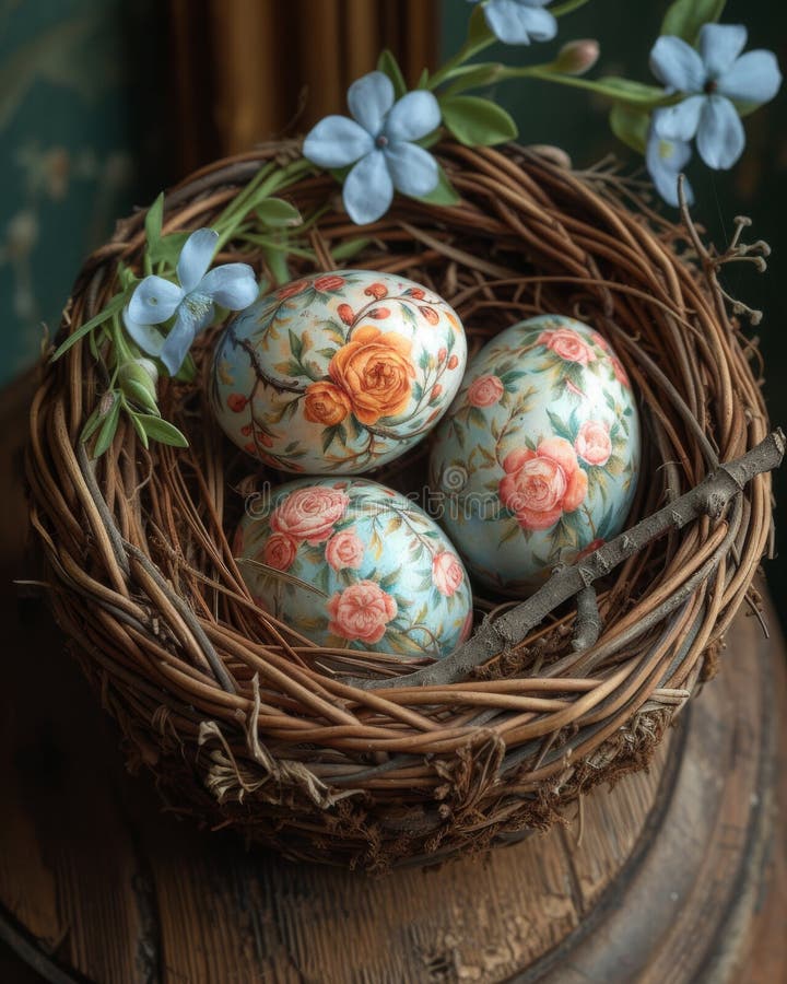 Easter Eggs in Nest with Flowers. Some Painted Nesting Easter Eggs are ...
