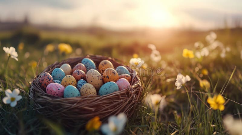 Easter Eggs Nest Resting on Grass at Sunset, Copy Space Stock Photo ...