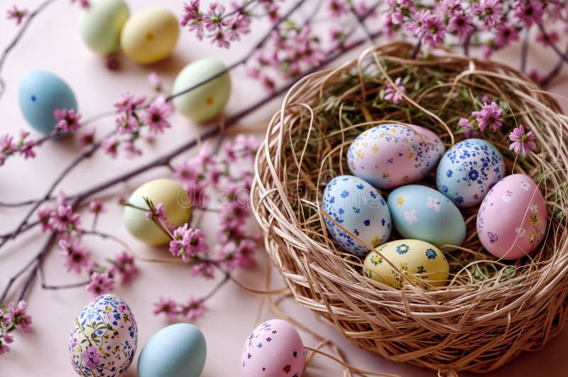 Easter Eggs in a Nest among Spring Blossoms Stock Image - Image of card ...