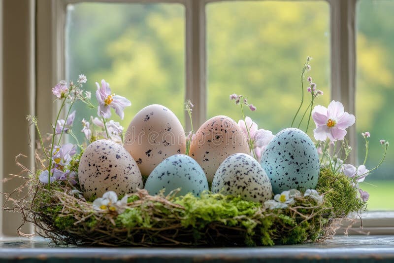 Easter Eggs Nest with Spring Flowers Resting on Window Sill Stock ...