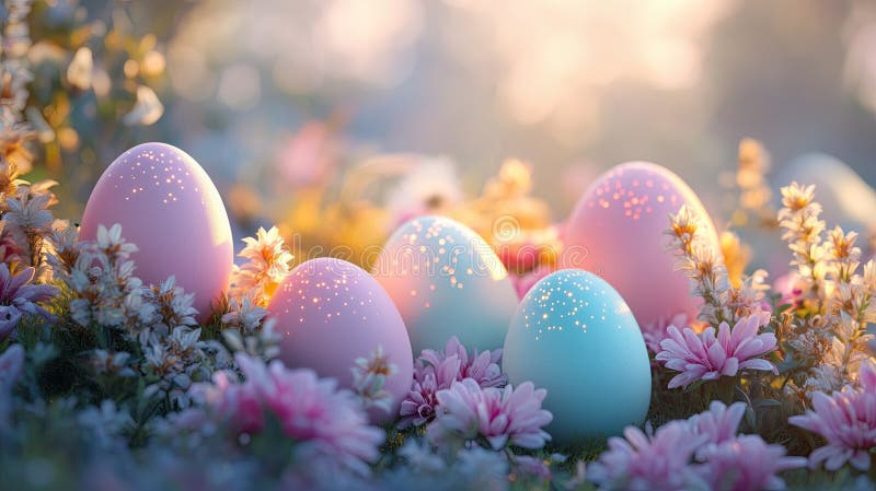 Easter Eggs Nestled among Blooming Flowers and Soft Greenery, Illuminated by Gentle Sunlight ...
