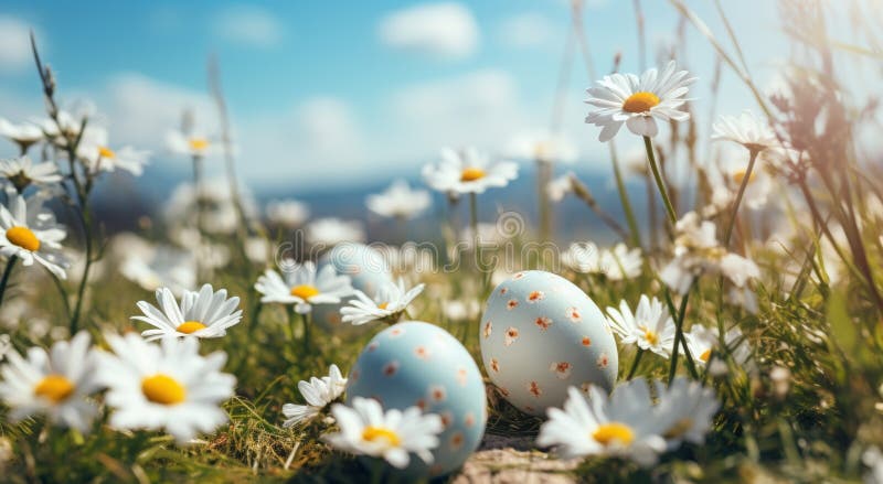 Easter Eggs Nestled among Daisies in the Lush Green Grass. Stock Photo ...