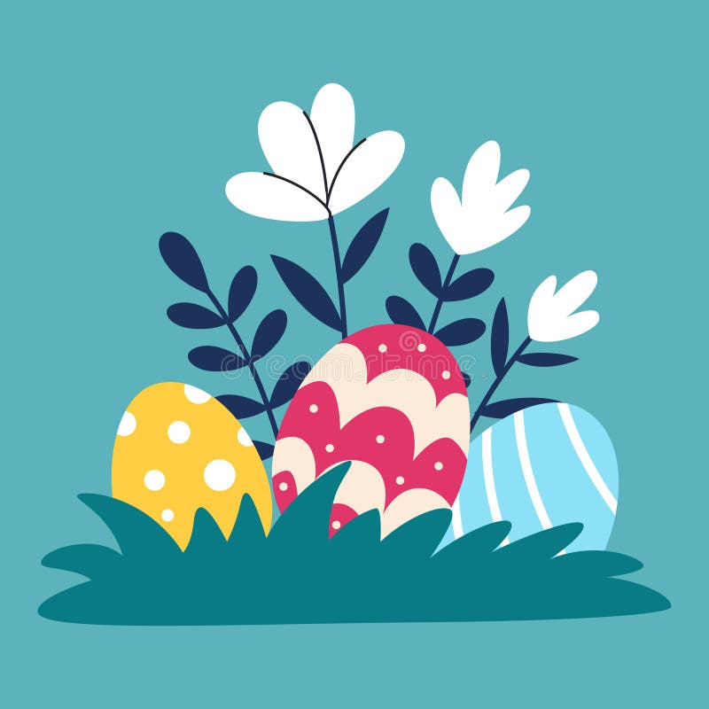 Easter Eggs with Ornaments Hidden among Grass and Flowers. Illustration ...