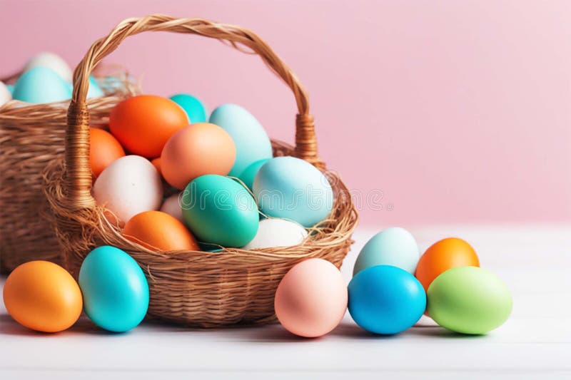 Easter Eggs Painted in Different Colors in a Wicker Basket on a White ...